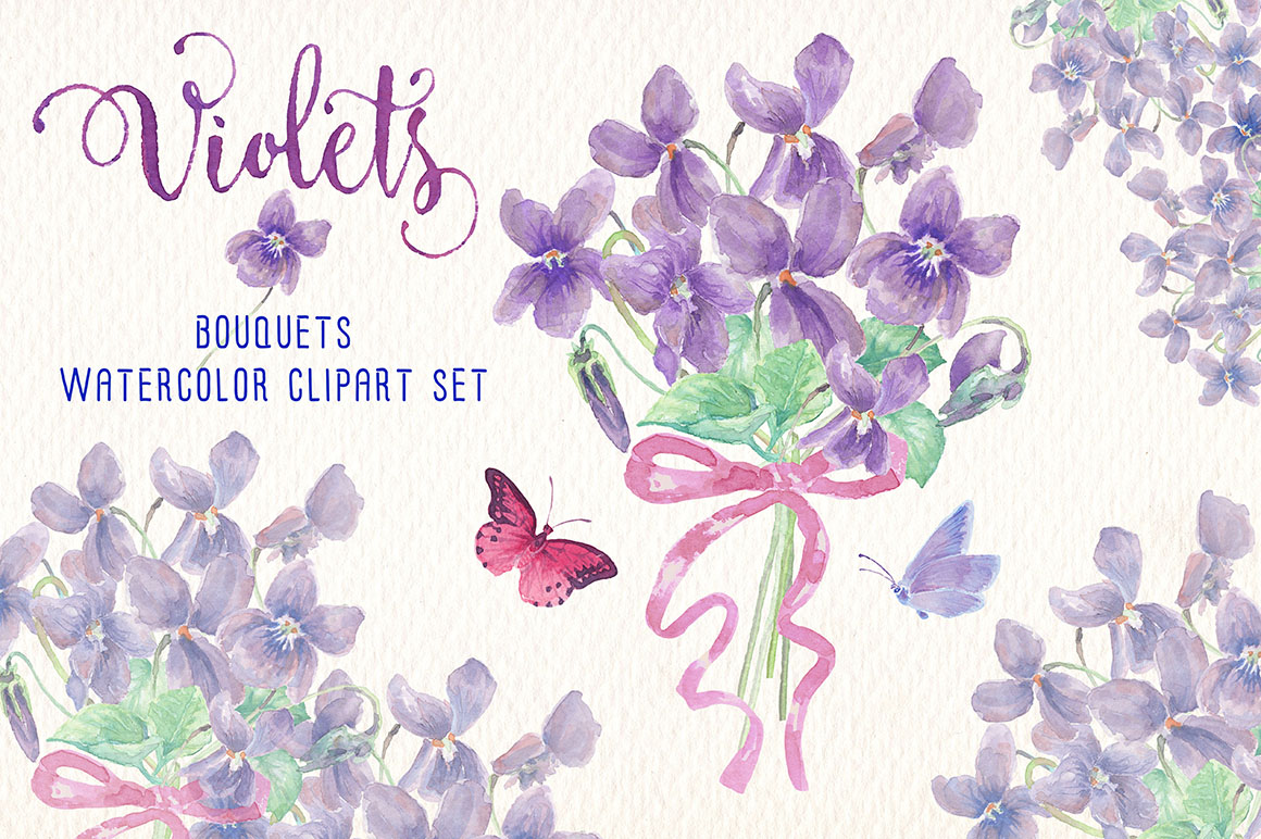 violets flowers watercolor clip art set (90056) | Illustrations ...