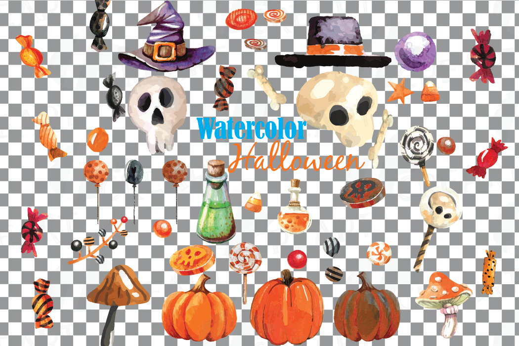 Watercolor Halloween clip art pack, Halloween candy, skull (110416 ...