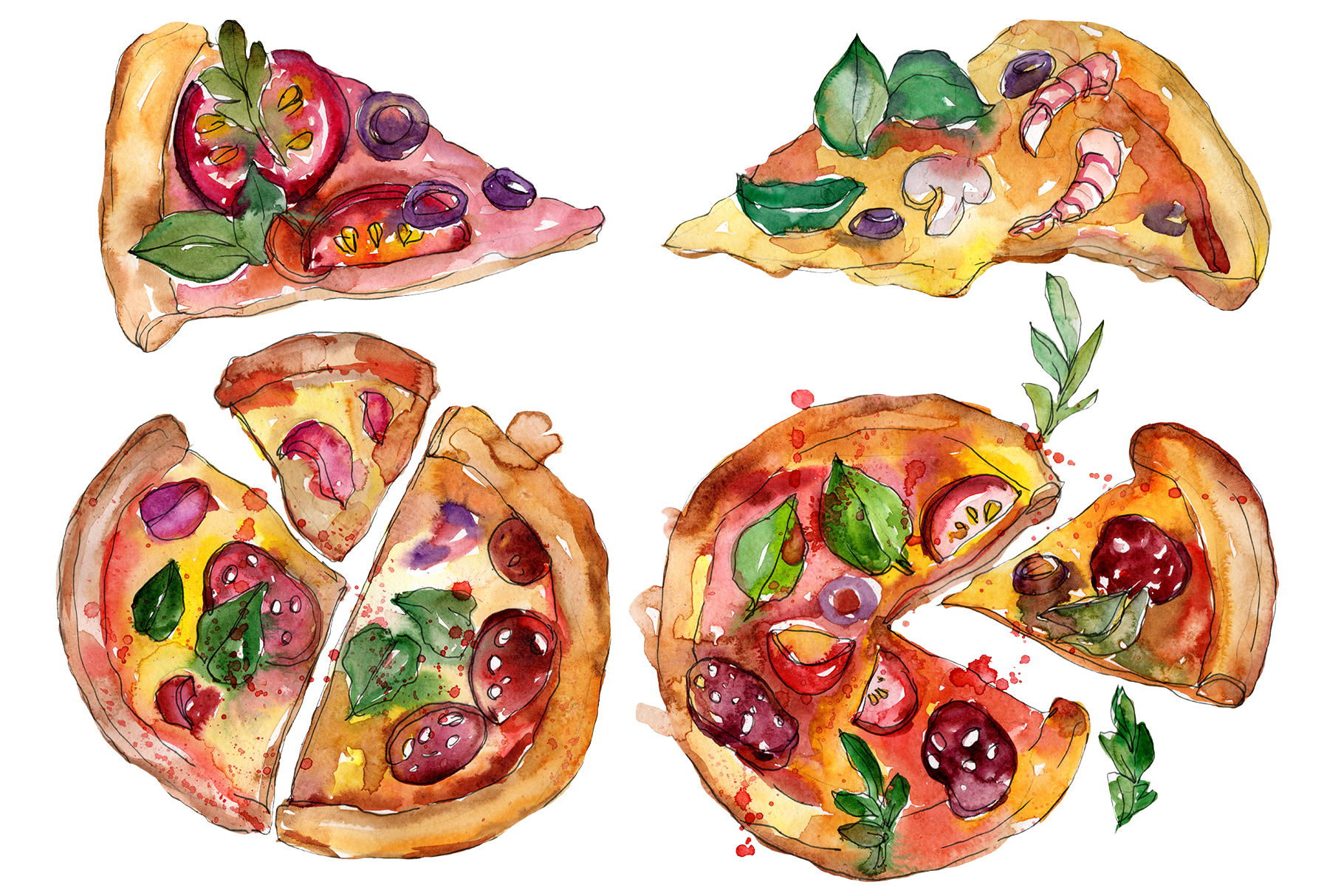 Appetizing pizza watercolor png (293710) | Illustrations | Design Bundles
