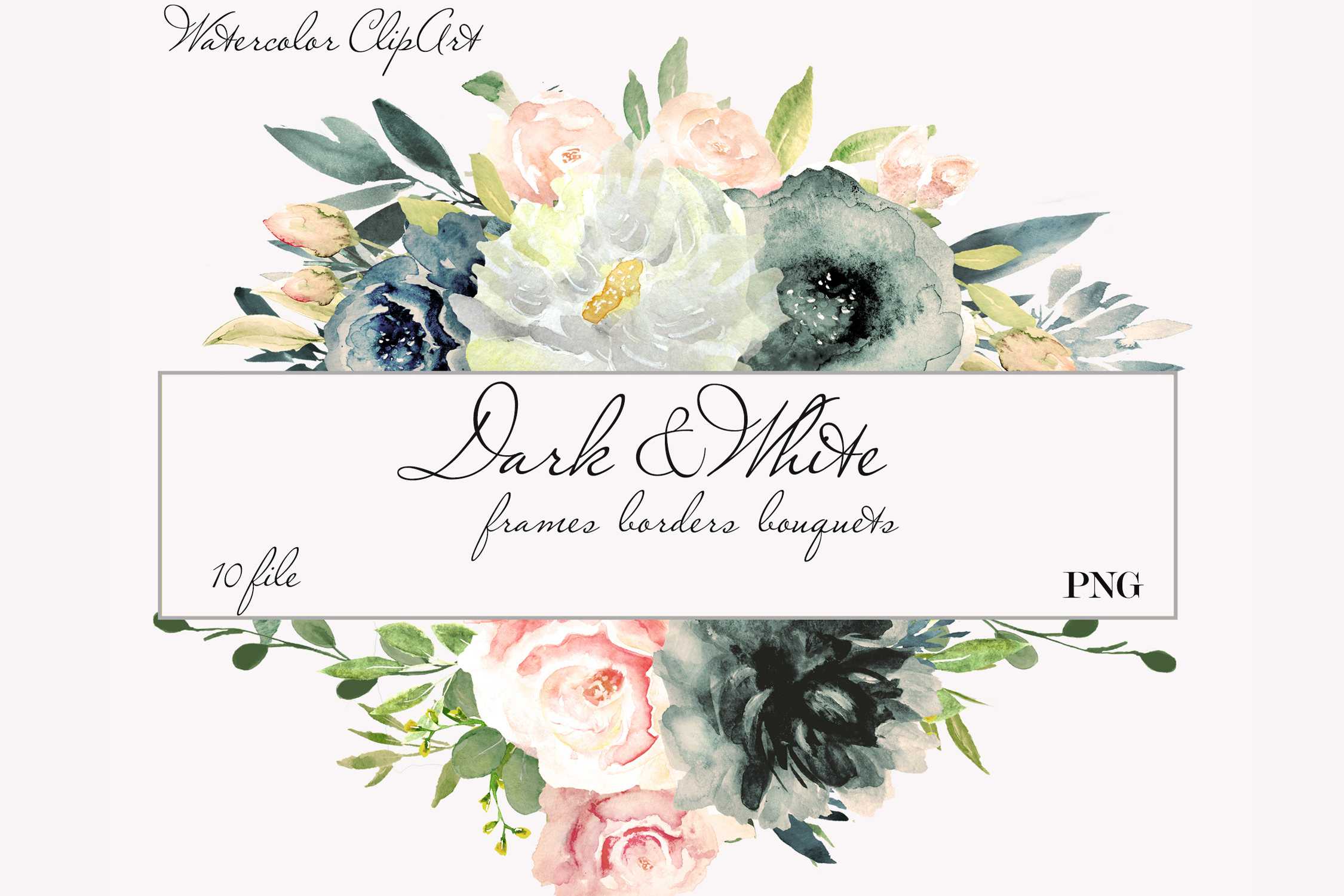 Black White Watercolor Floral Clipart Wedding Floral Wreath