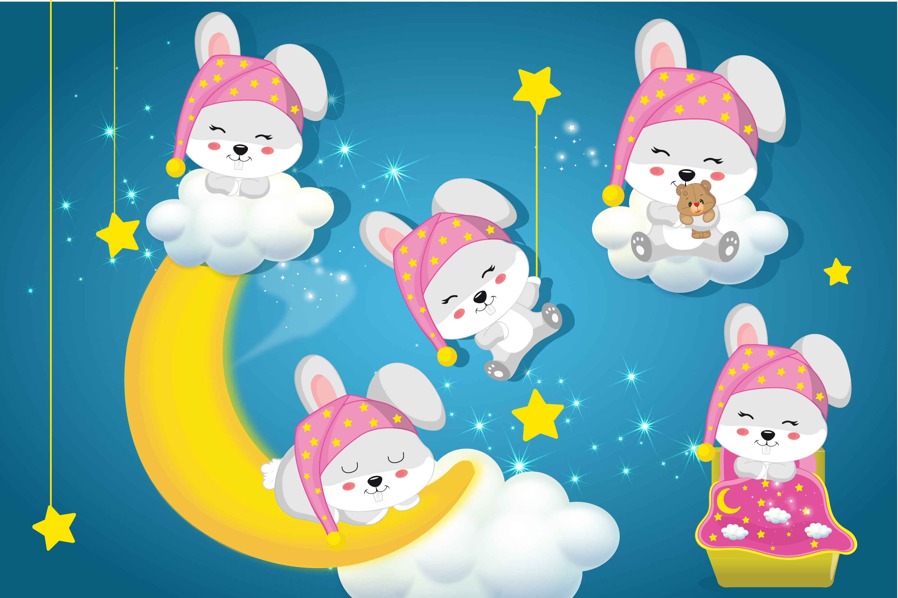 Bunny sleepover party graphics, Bunny girls clipart set (25713 ...