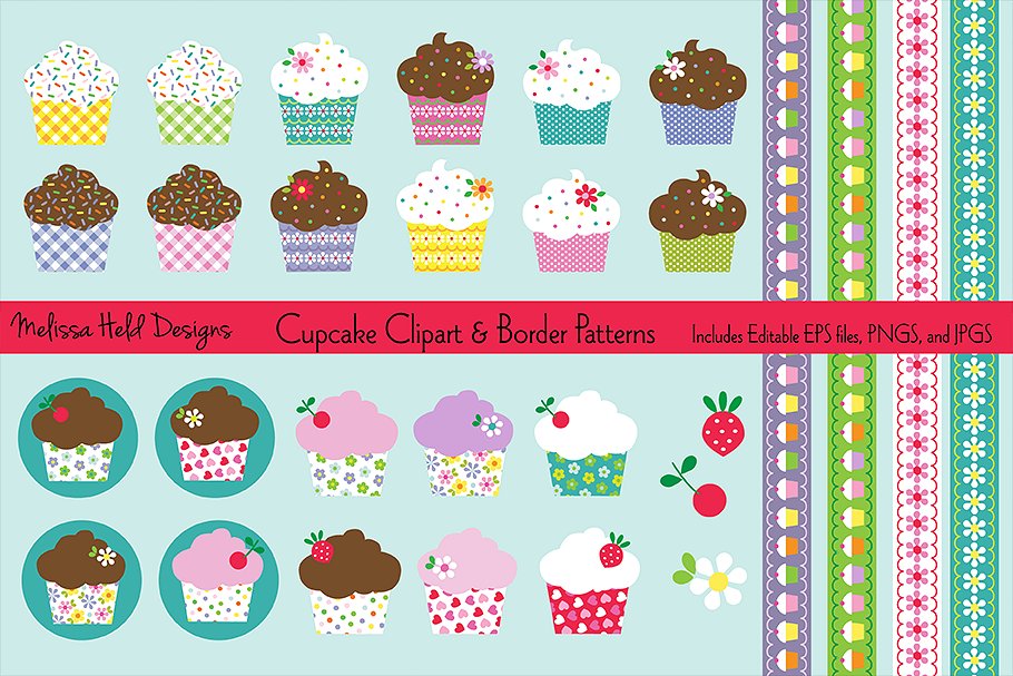 Cupcake Clipart & Border Patterns (163506) | Illustrations | Design Bundles