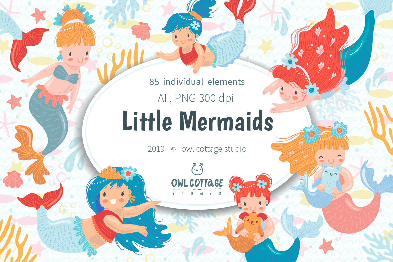 Little Mermaids vector and raster Clipart Set. (282738) | Illustrations ...