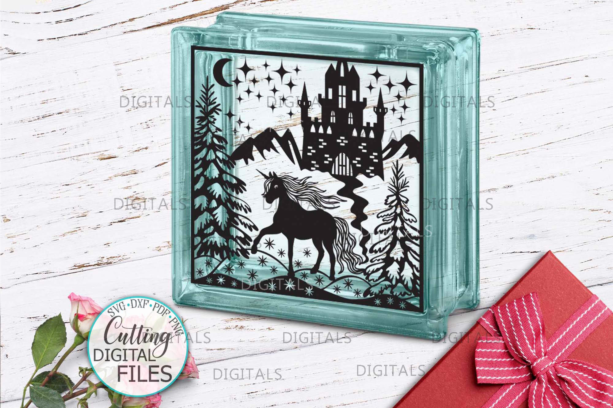 Magical Unicorn Christmas scene Glass block design svg cut