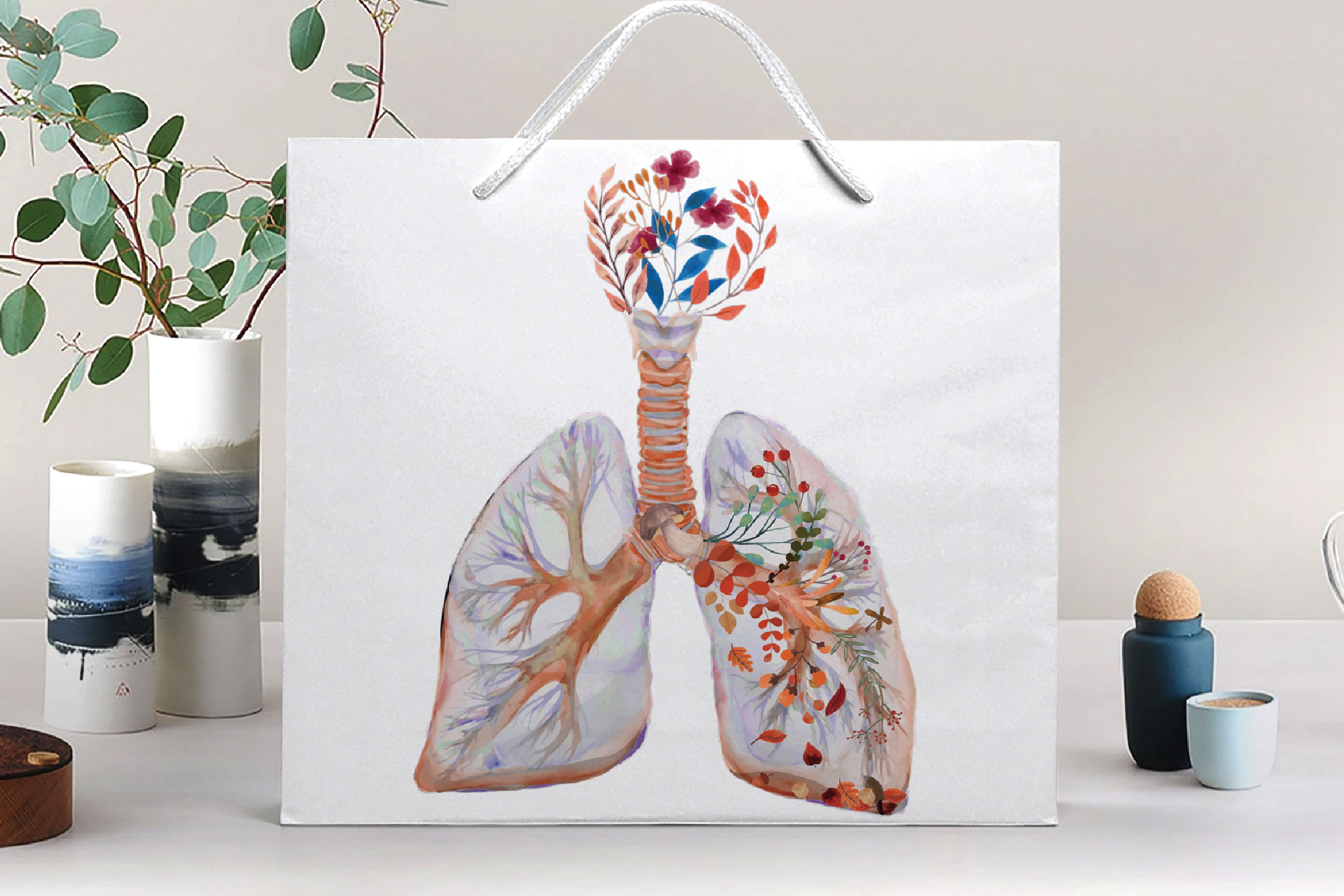Autumn blooming lungs decor design. Floral human lungs art.