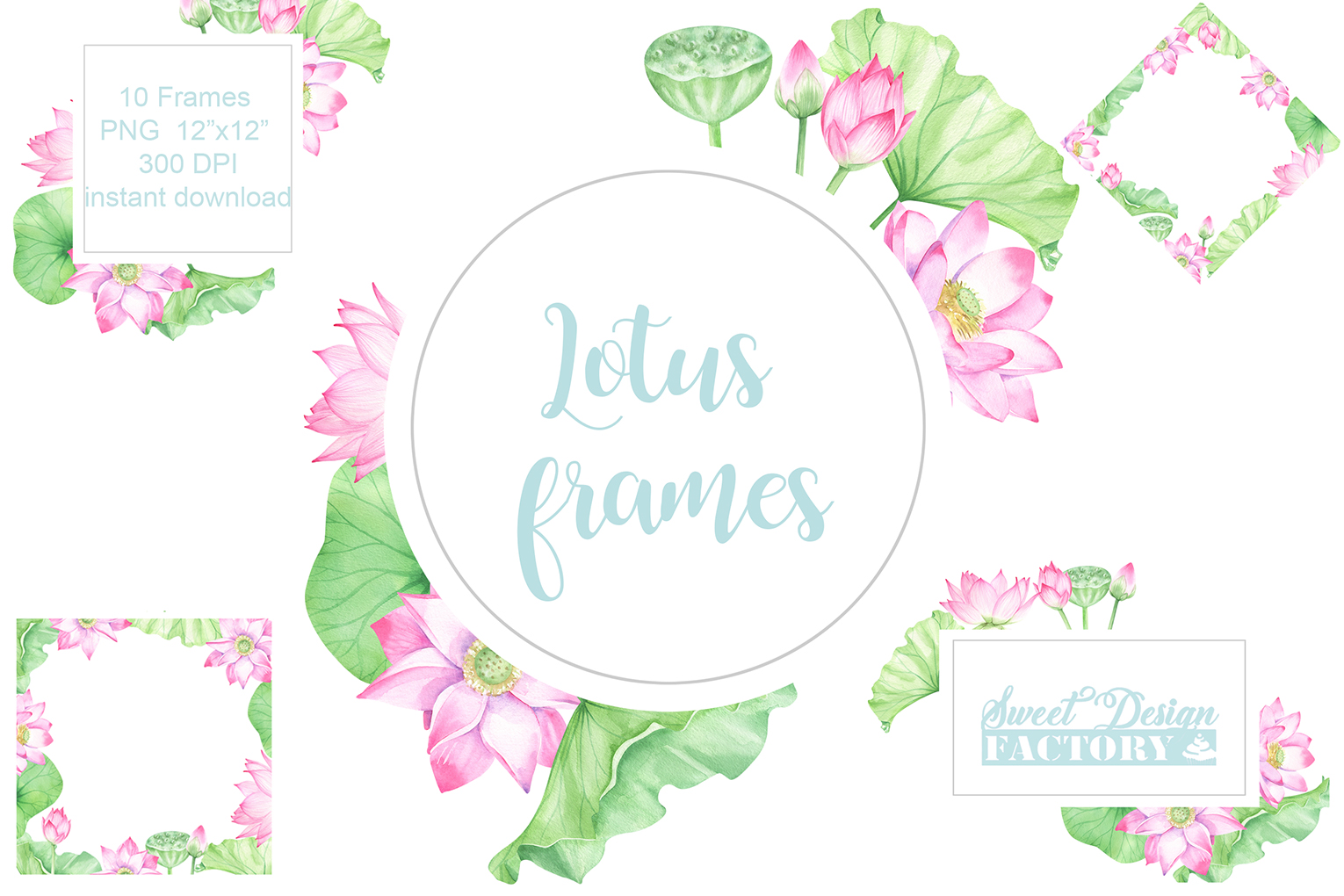 Watercolor lotus flowers pre-made frames