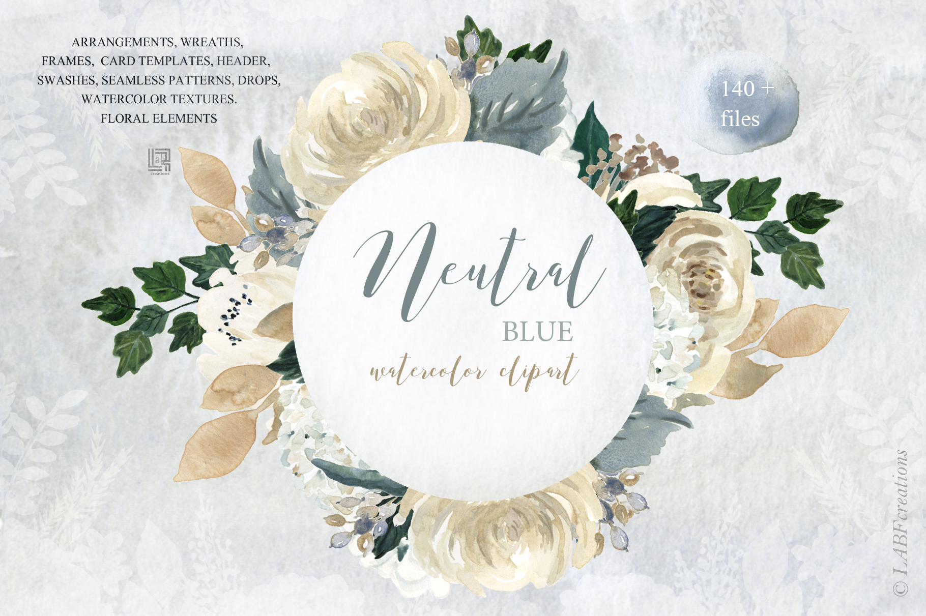 Neutral blue. Watercolor flowers (175411) | Illustrations | Design Bundles