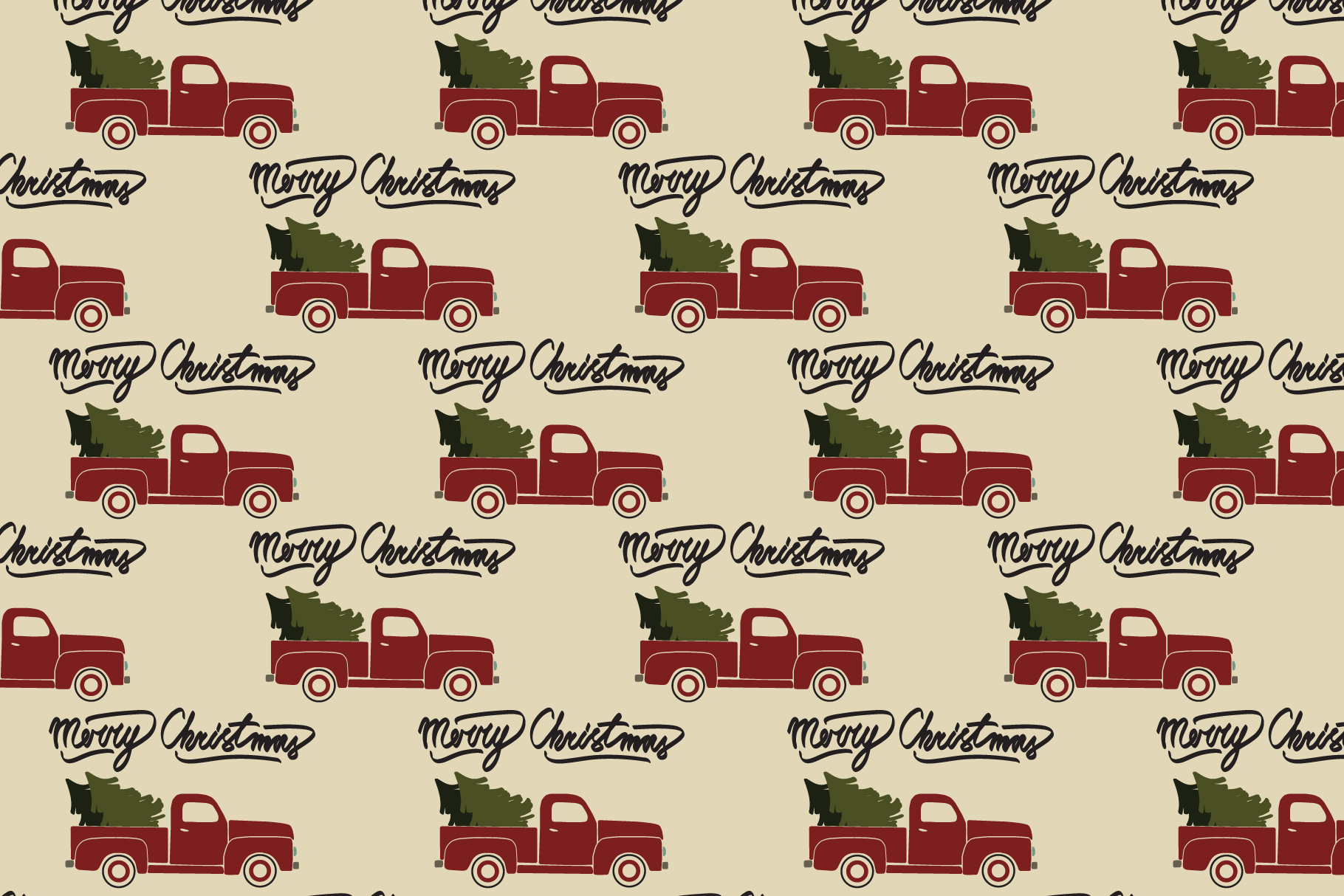 Red christmas vintage retro pickup truck. Seamless pattern.
