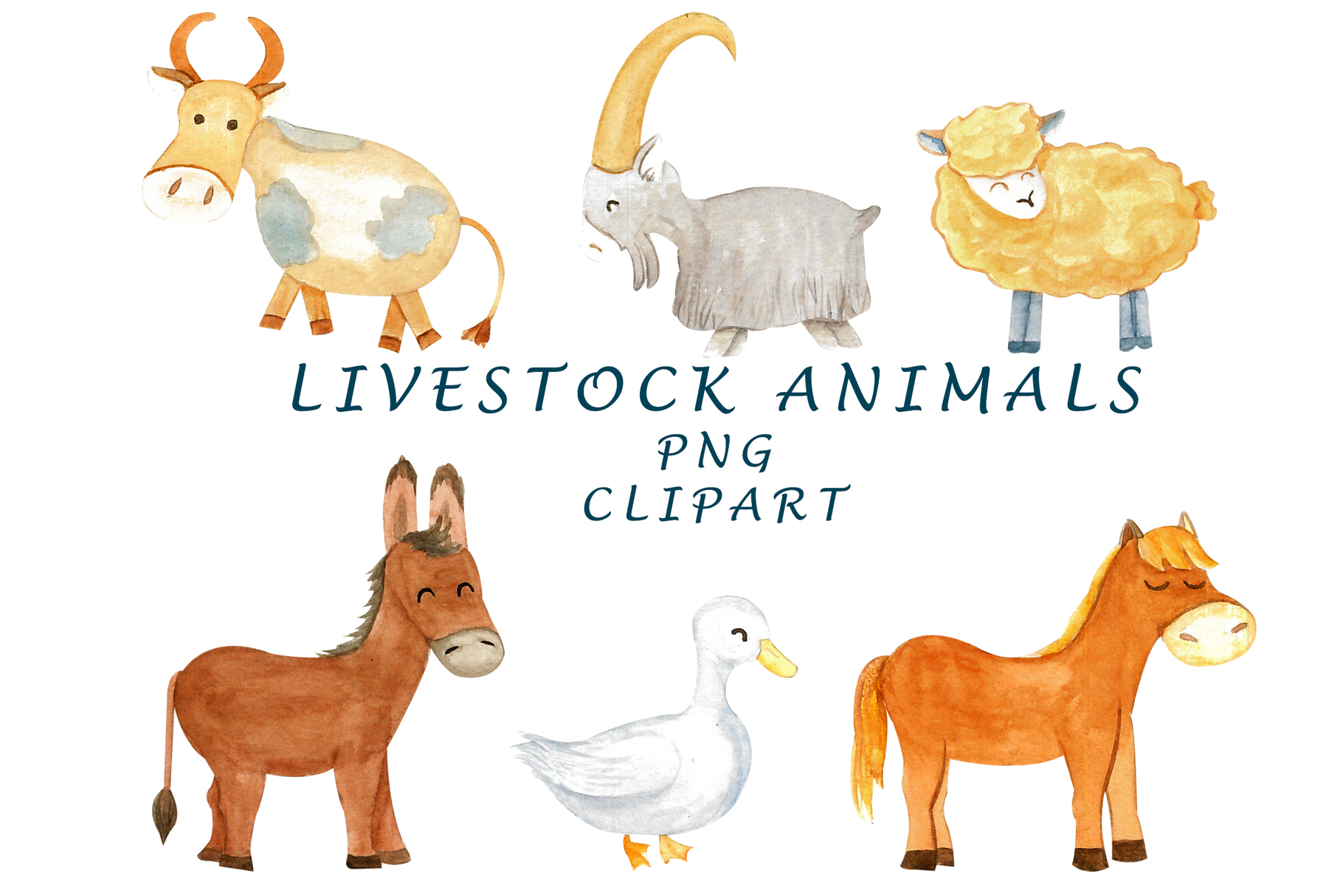 farm animals watercolor clipart.
