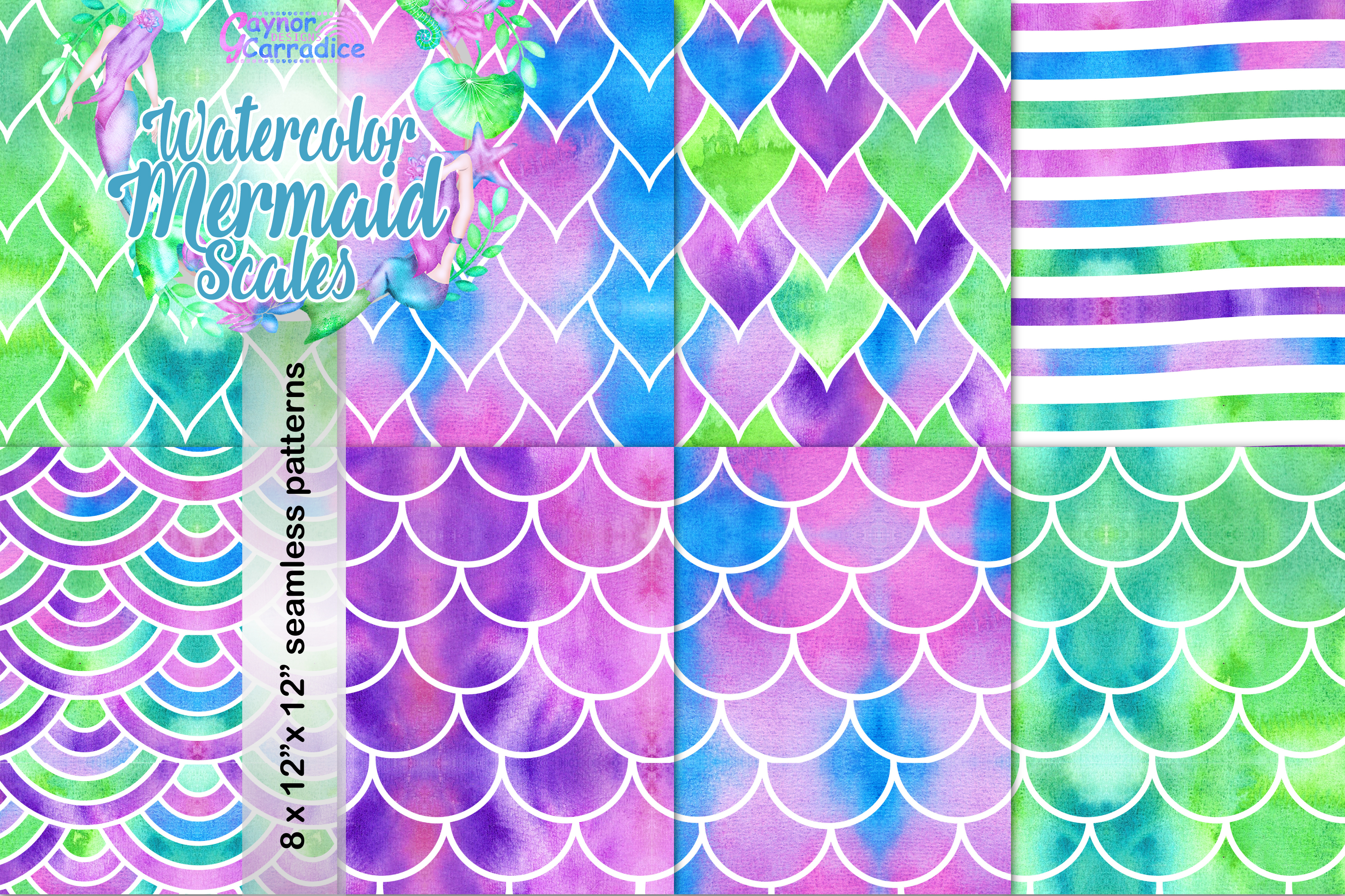 Watercolor Mermaids Digital Paper Collection (89848) | Backgrounds ...