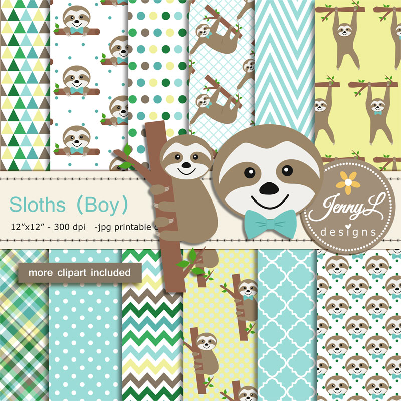 Sloth Boy Digital papers and Sloth Clipart SET, Sloth Party Animal for ...
