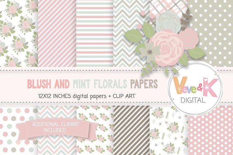 Blush and Mint Floral Papers, Flower Digital Papers, Floral Clipart ...