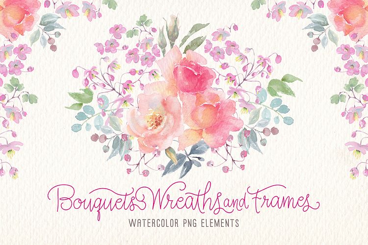 watercolor bouquets, wreaths and frames clipart set (86850 ...