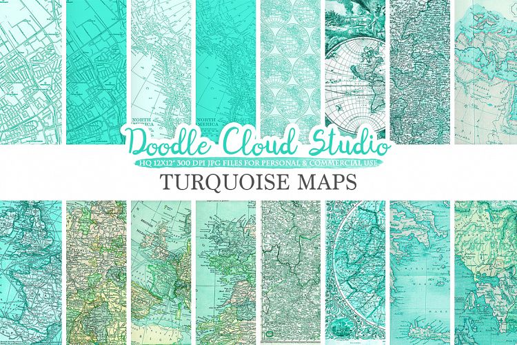 Aqua Vintage Maps digital paper, Turquoise Old World Map, City ...