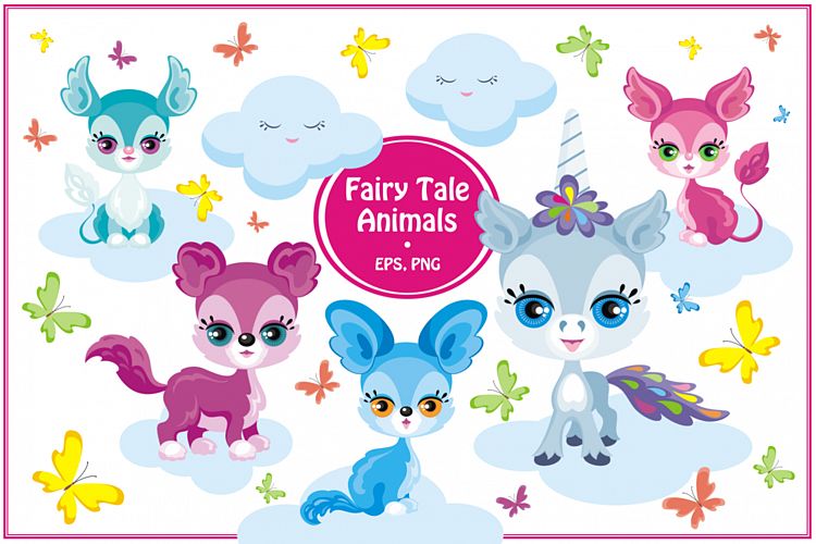 Fairy tale animals and unicorn. Vector clip art