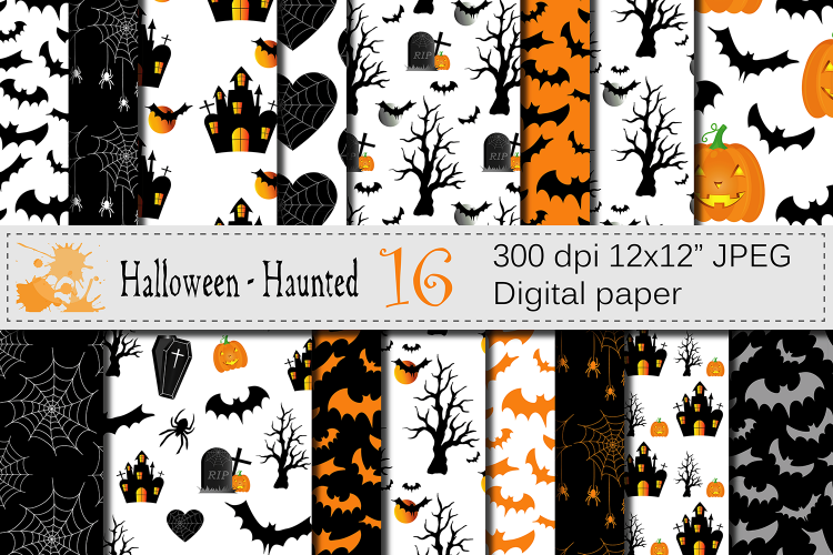 Halloween Digital Paper with Haunted House, Pumpkin, Bats, Spider ...