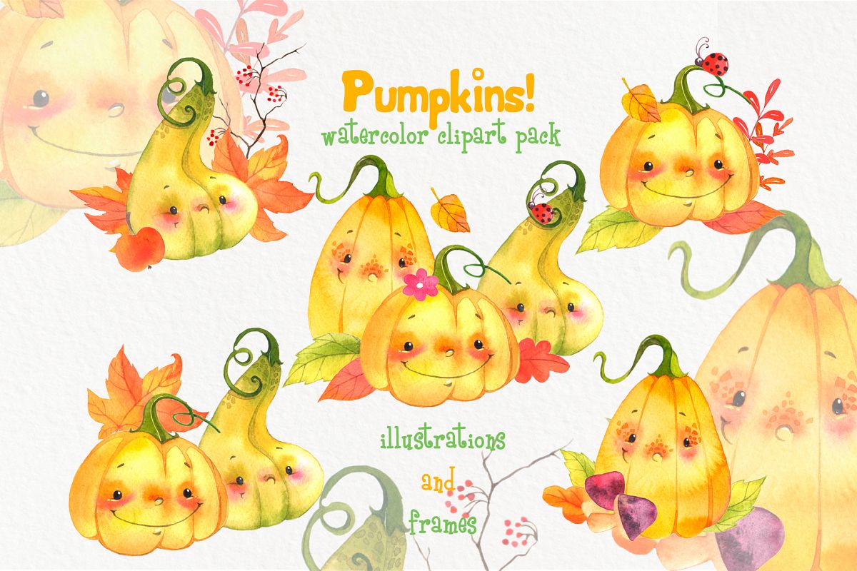 Cute watercolor pumpkins clipart. Fall clip art
