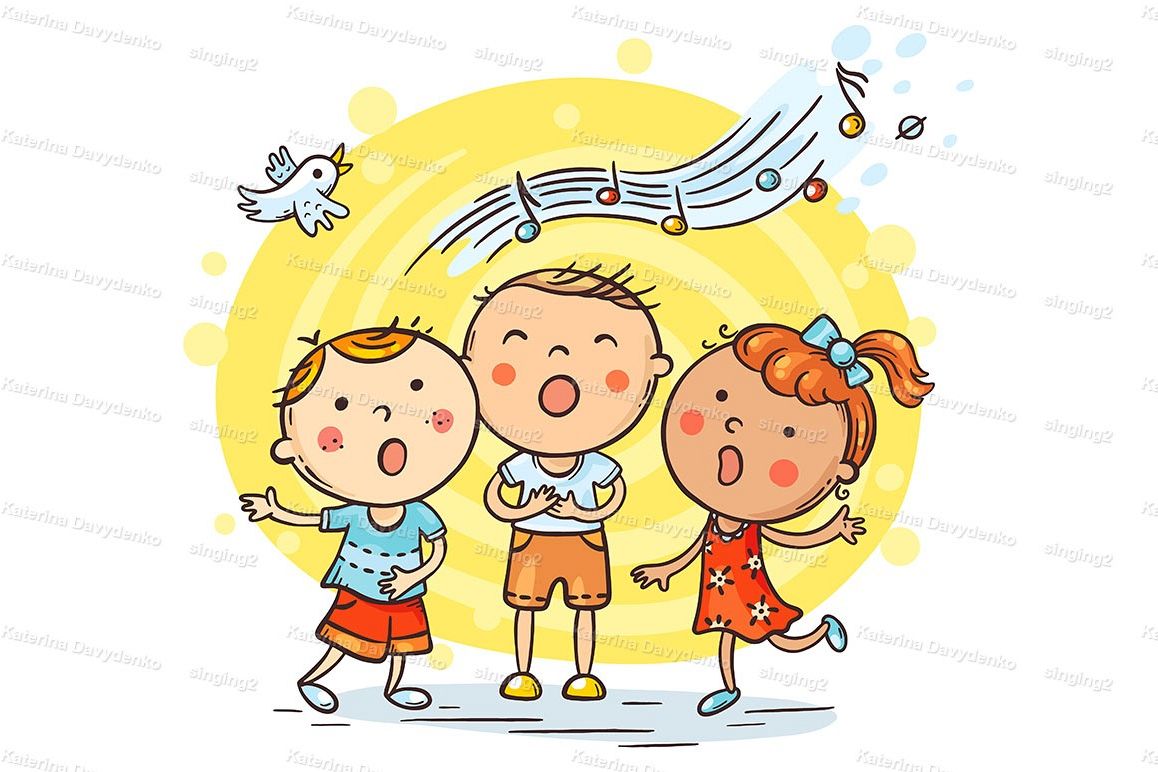Kids singing together, variant with cartoon hands