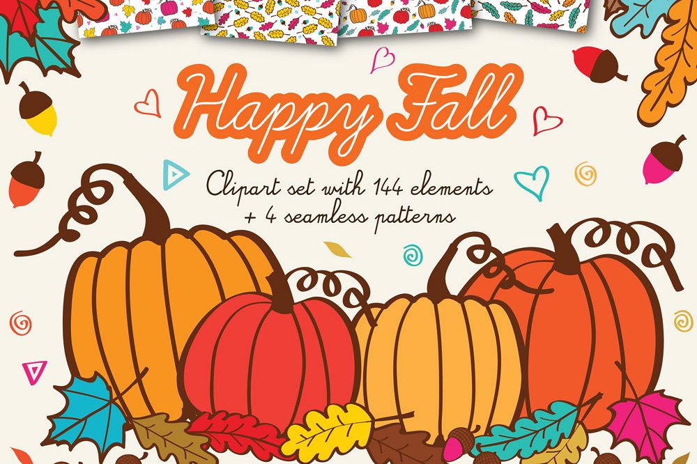 Happy Fall Clipart with acorns, leafs and pumpkins + 4 Autumn ...