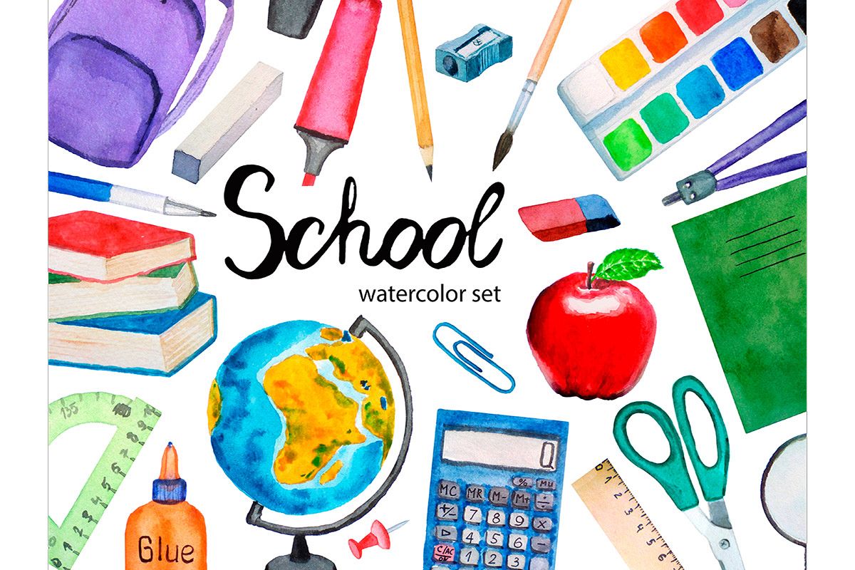 Watercolor School Clipart, Teacher Clipart, School Supplies