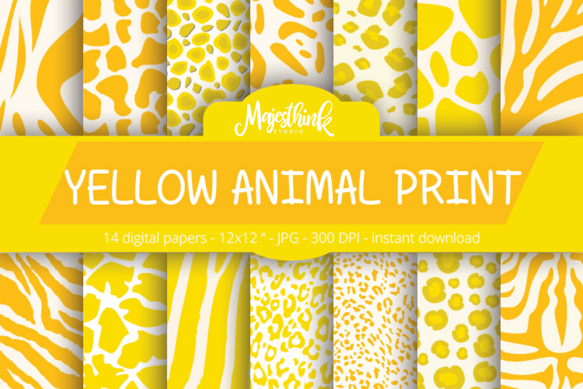 Yellow Animal Print Digital Paper - with zebra, tiger, leopard, girrafe ...