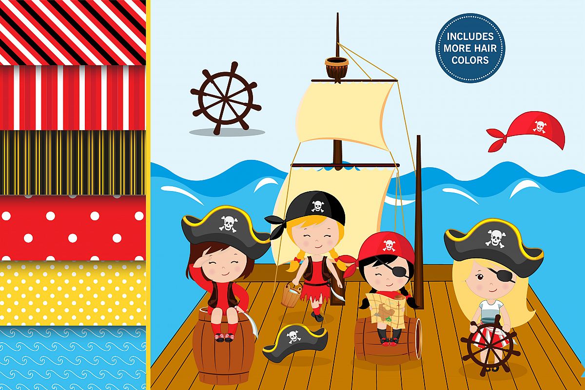 Pirate girl illustrations, Pirate girl graphics