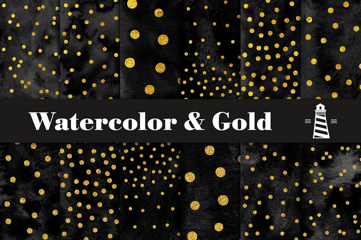 Black Watercolor And Gold Confetti Digital Paper (102194 ...