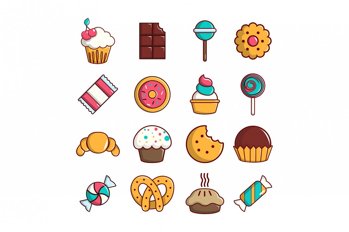 Sweets candy cakes icons set, cartoon style (311565) | Illustrations ...