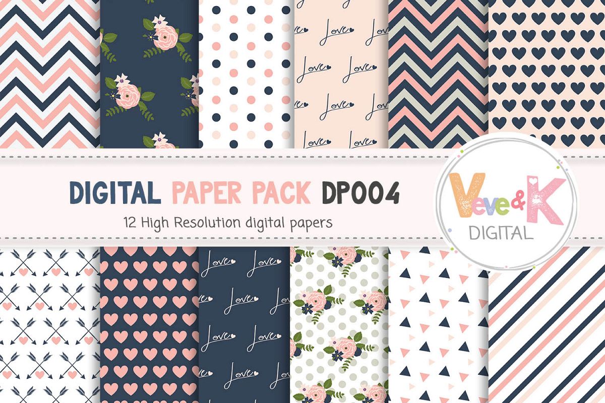 Navy and Pink Digital Paper Pack, Scrapbook Digital Paper Page ...