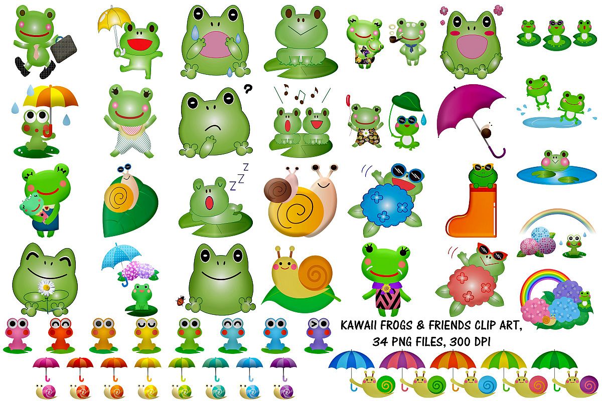 Kawaii Frogs & Friends Cute Clip Art (248488) | Illustrations | Design ...