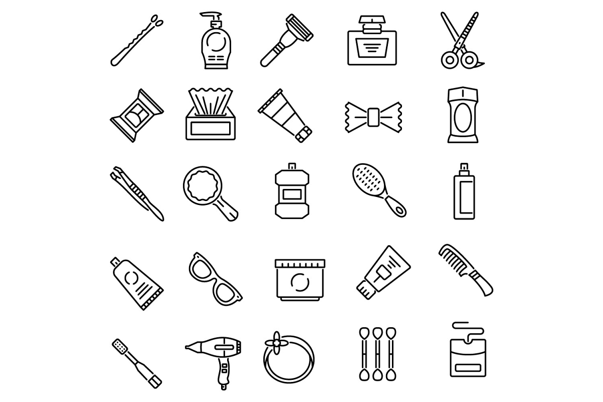 Personal care products outline icons set