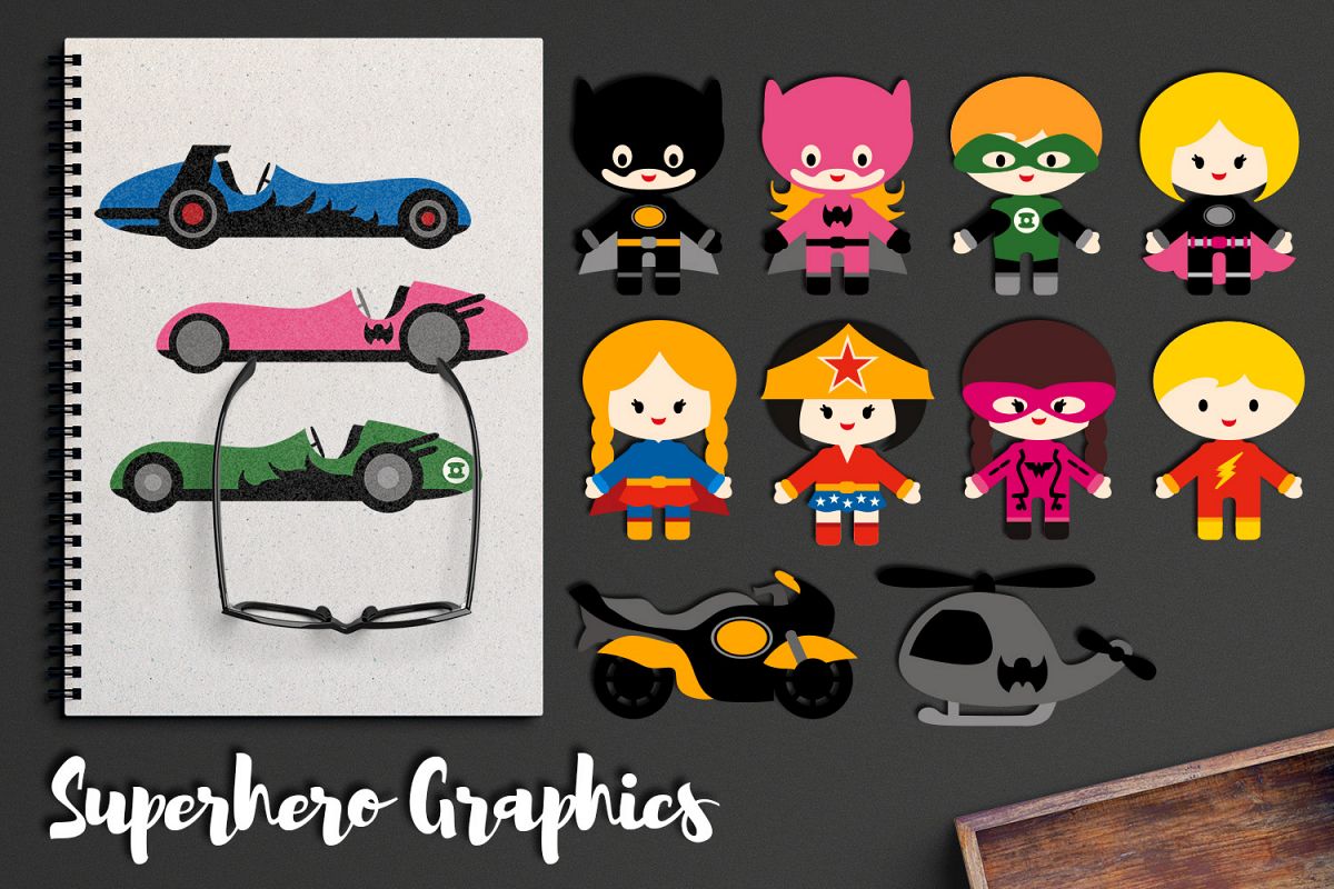 Superhero and transportation graphic illustrations