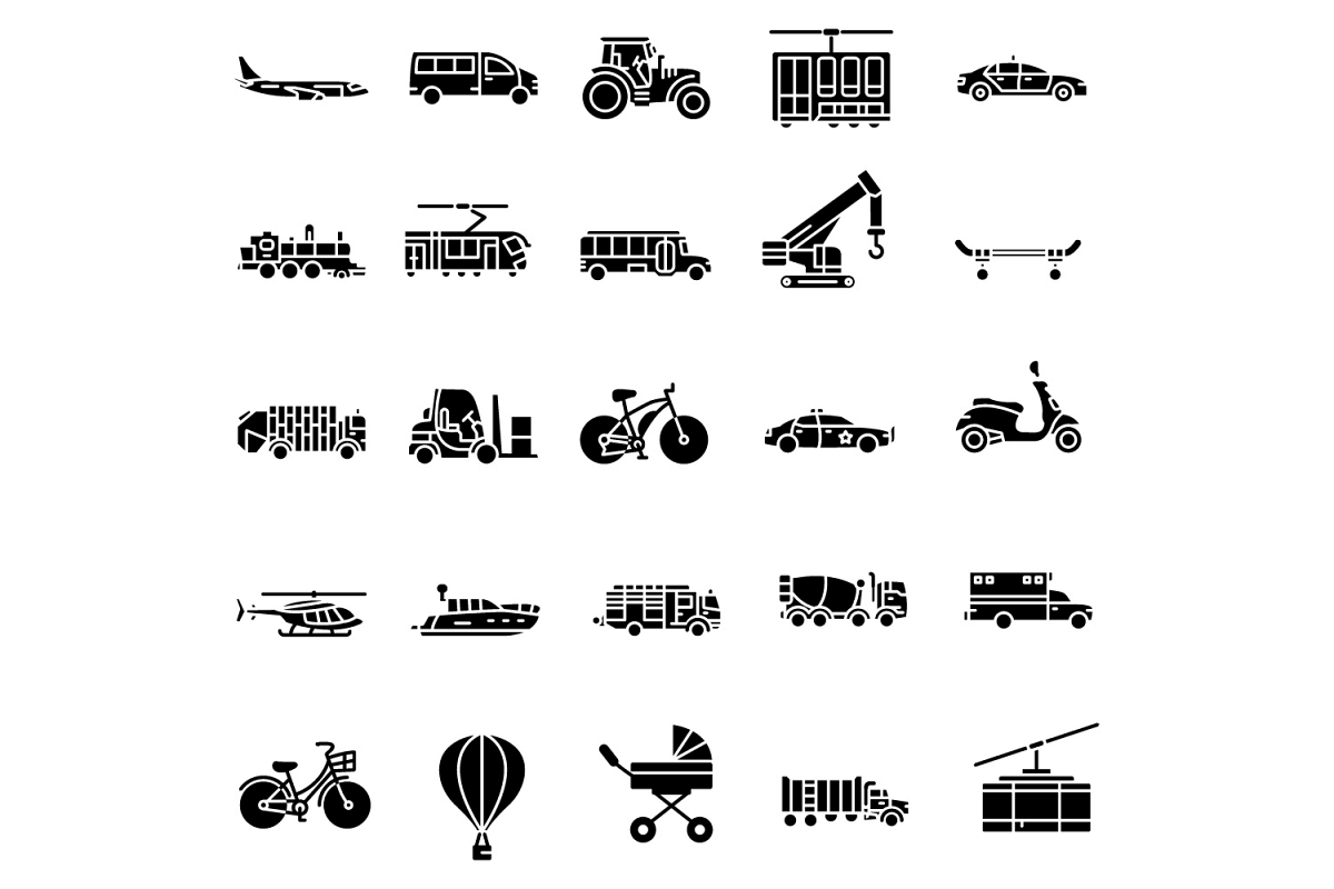 Transportation solid icons set