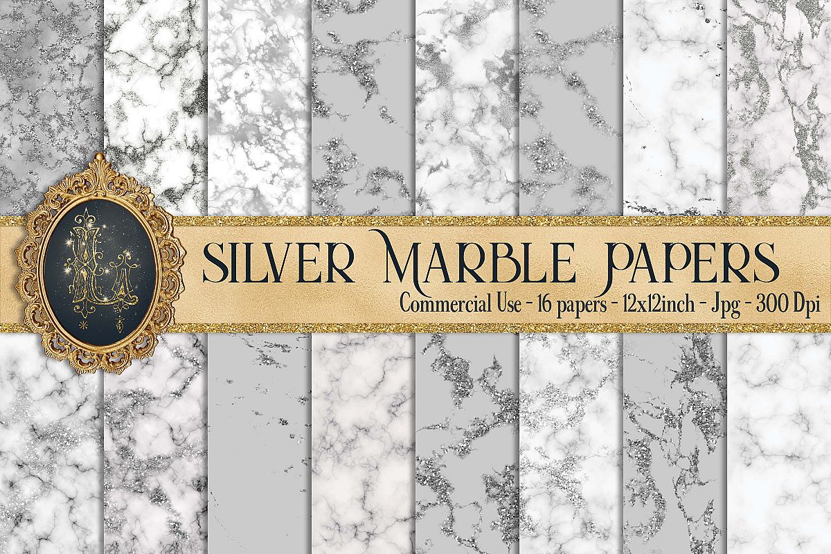 16 Silver Glitter Marble Texture Digital Papers (136396) | Backgrounds ...