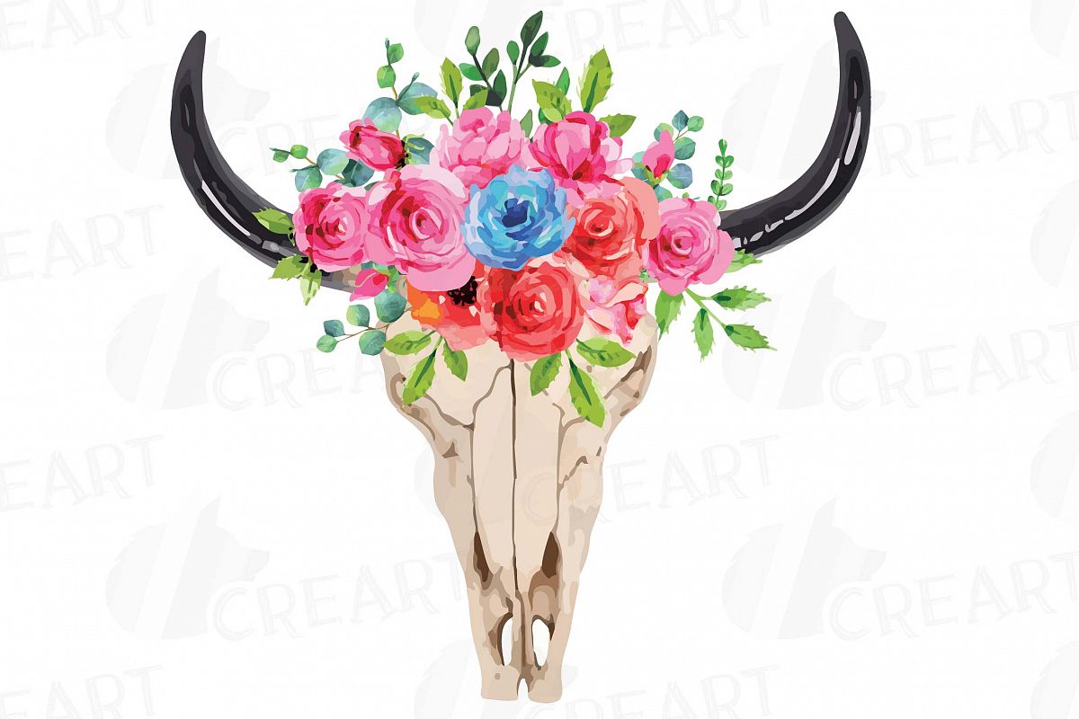 Watercolor pink and blue floral Bull Skull clip art