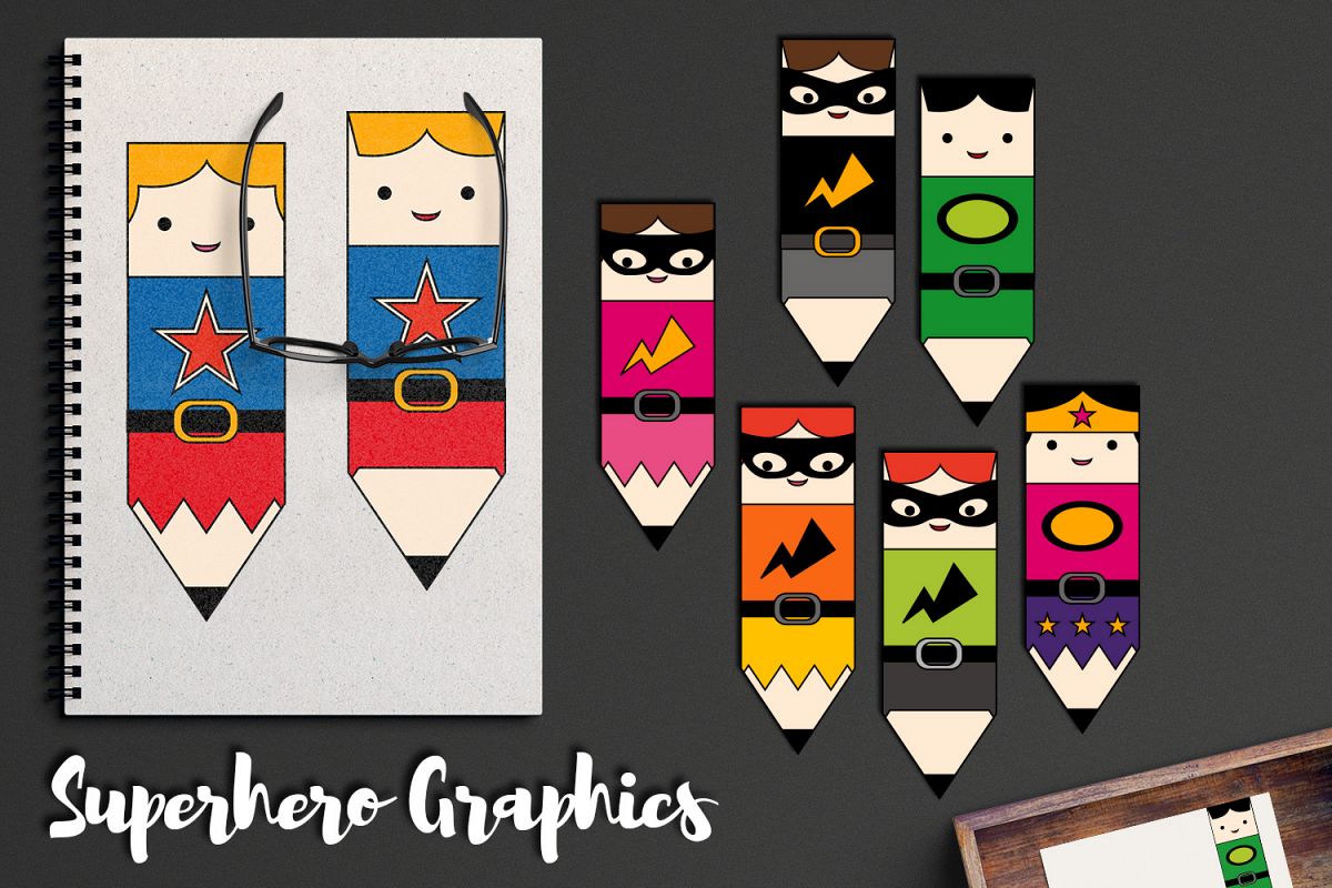 Superhero character pencils clipart, back to school graphics