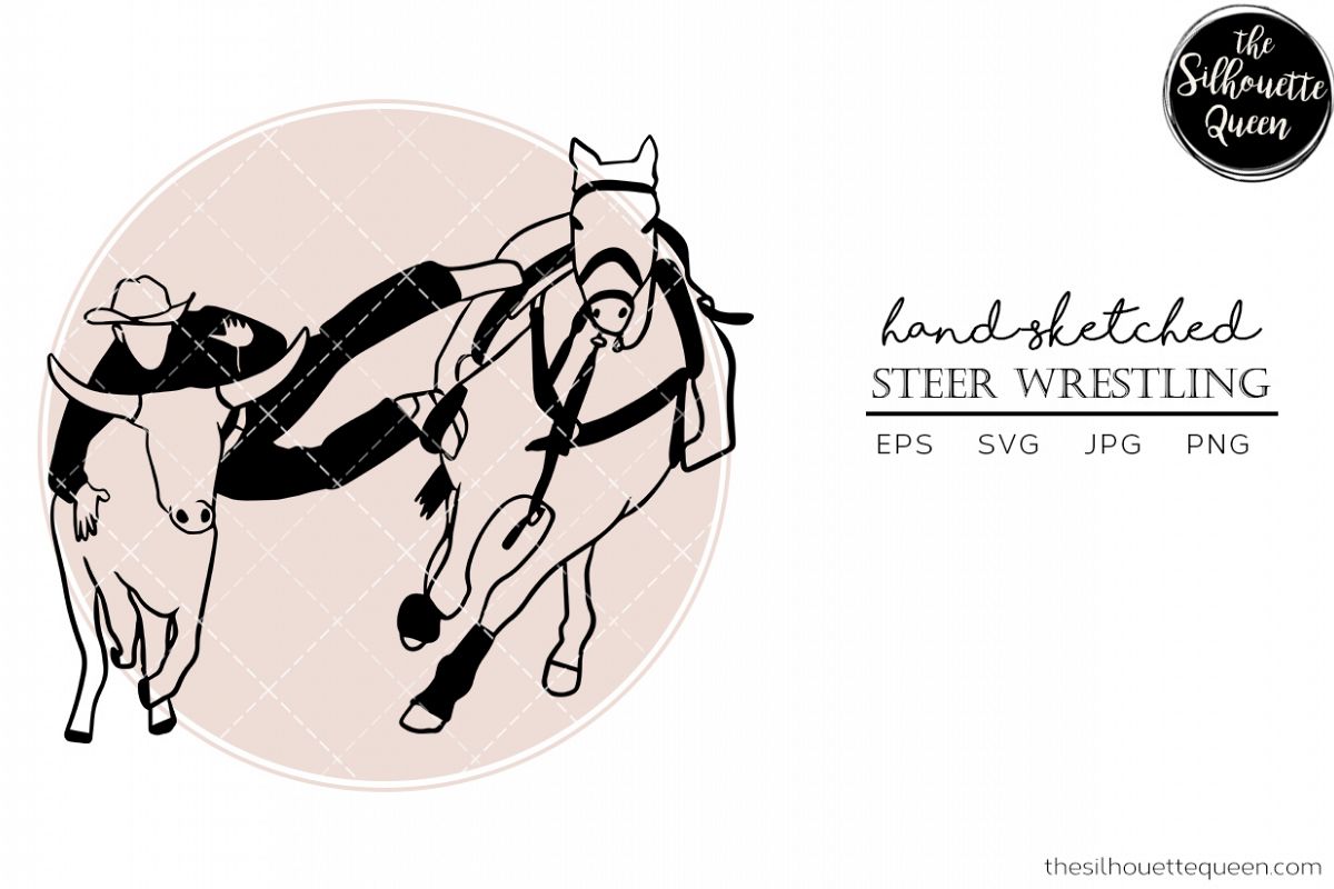 Hand drawn Rodeo Steer Wrestling Vector Sketch