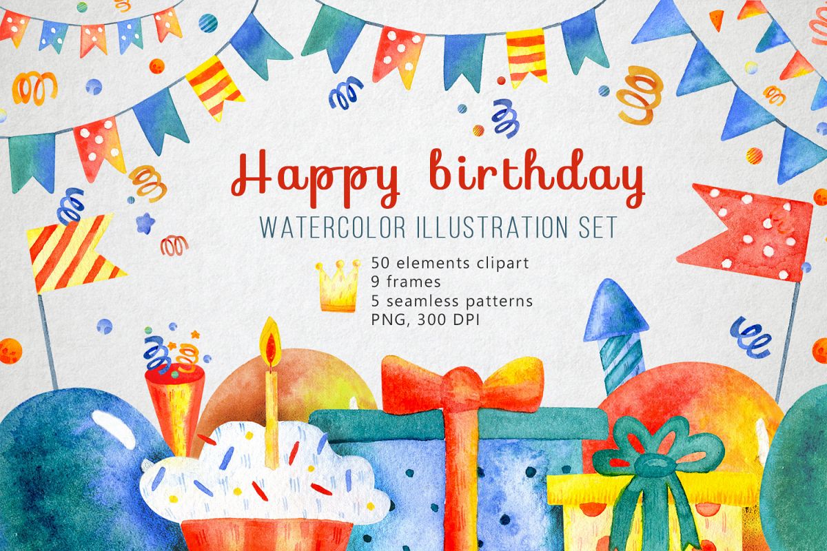 Happy birthday watercolor set (380043) | Illustrations | Design Bundles