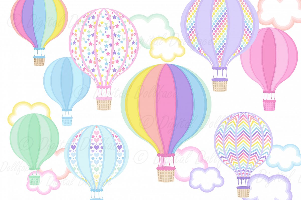Hot Air Balloon Clip Art, Pastel Rainbow, Kawaii Graphics (518972 ...