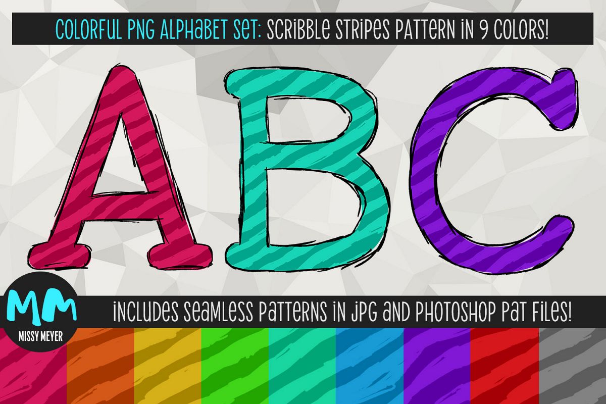 9 colorful pattern PNG alphabets for sublimation and print!