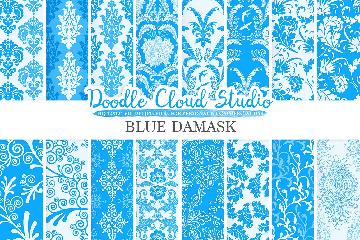 Blue Damask digital paper, Swirls patterns, Digital Floral Damask, Blue ...