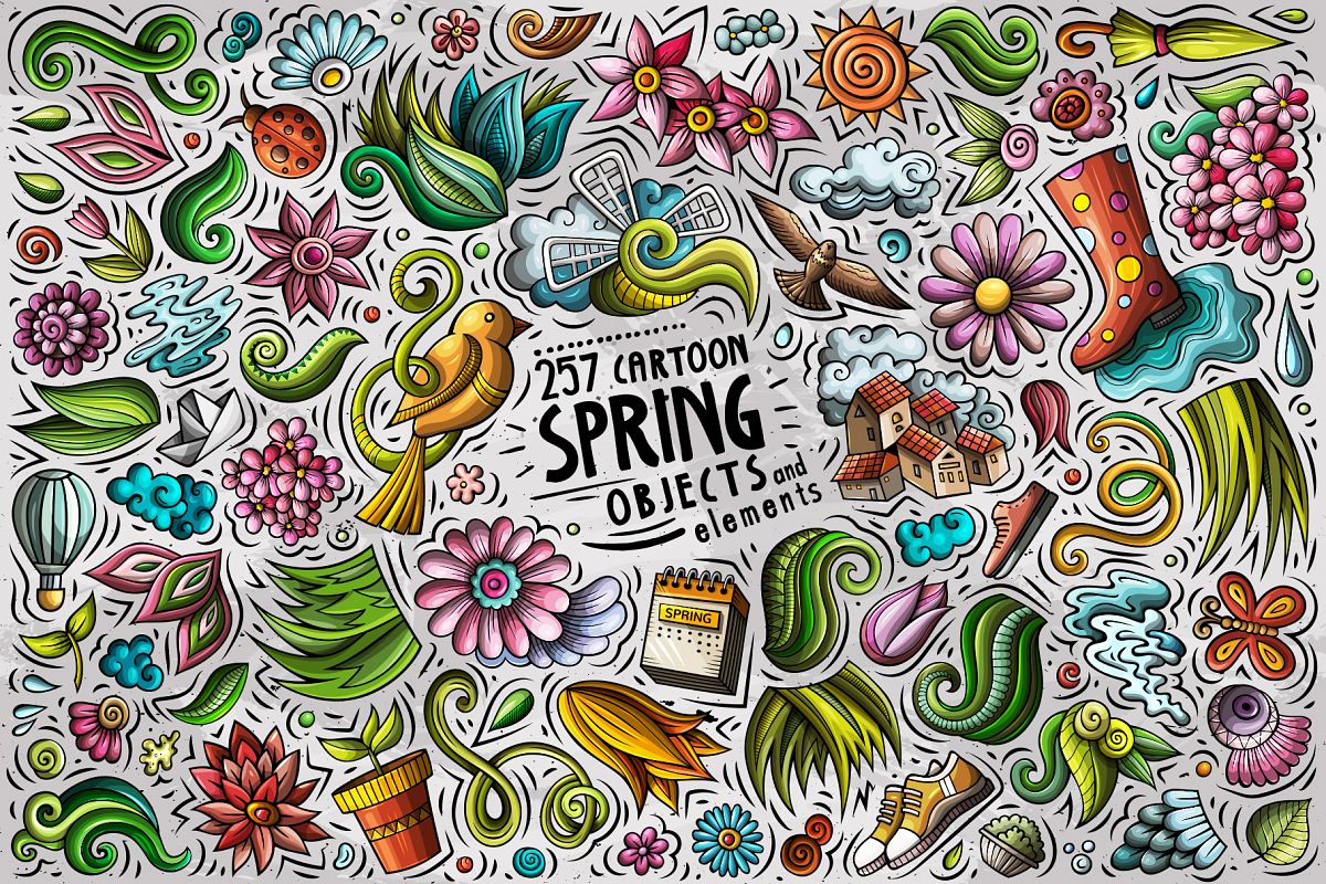 Spring Cartoon Vector Objects Set