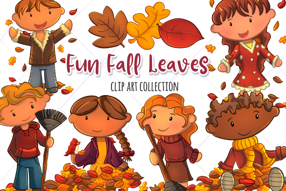 Kids Playing in Fall Leaves Collection (126847) | Illustrations ...