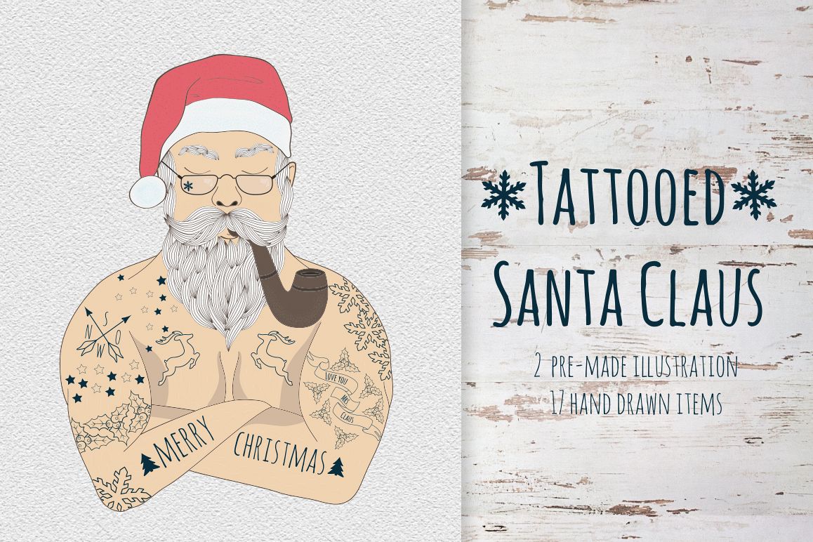 Tattooed Santa Claus (36388) | Illustrations | Design Bundles