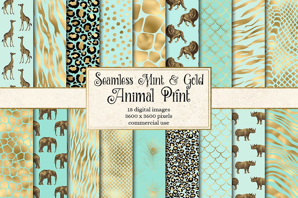 Mint and Gold Animal Print Digital Paper