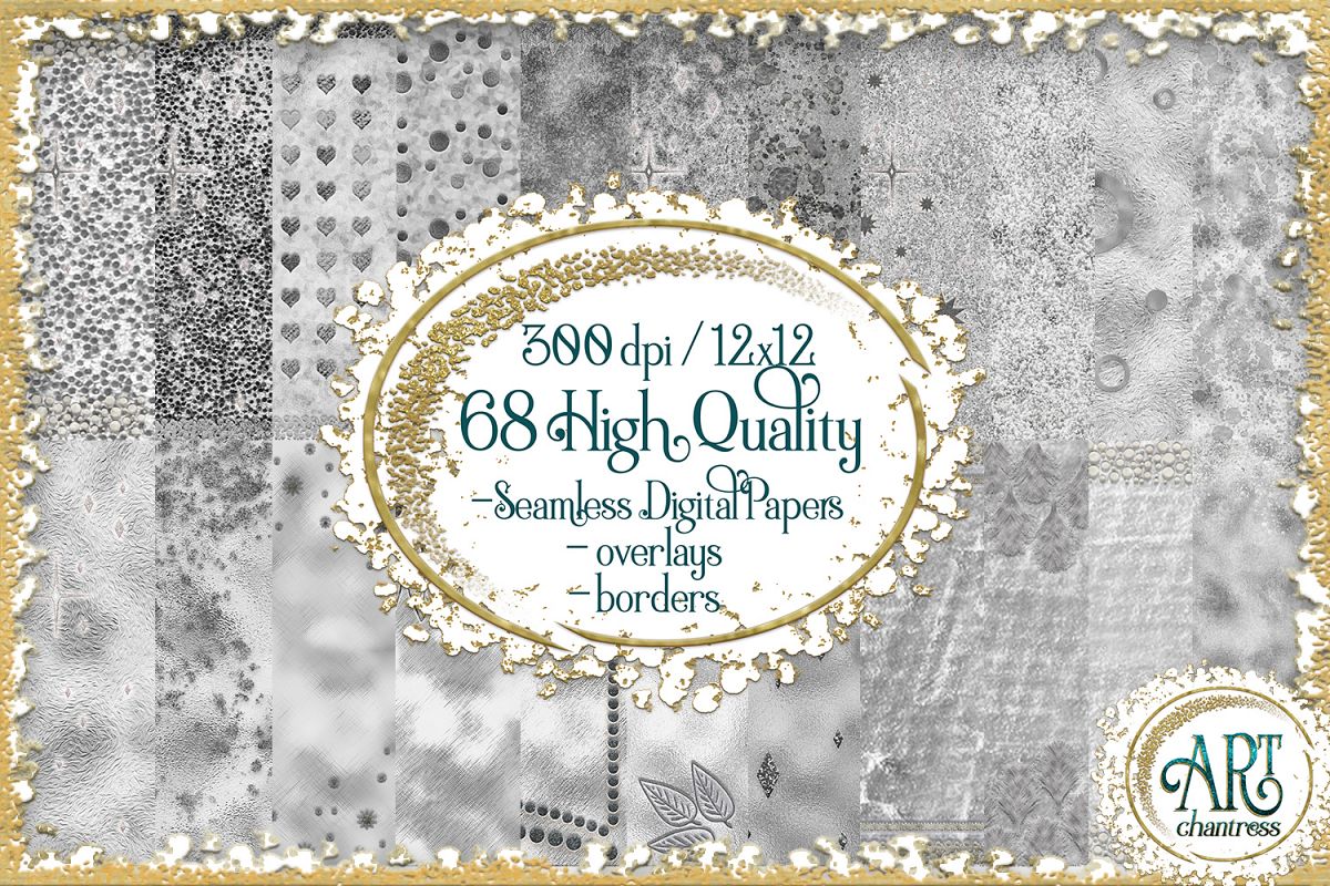 Luxury Silver Glitter Seamless Digital Papers,Border,Overlay