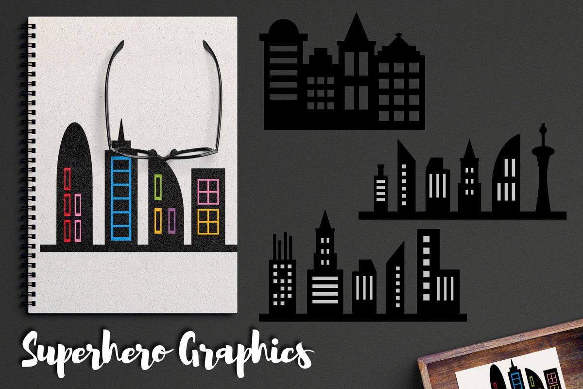 Superhero Skyline Buildings block graphic illustration (81014 ...