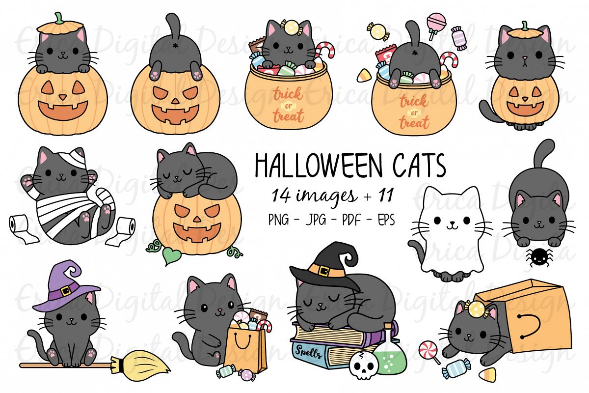 Halloween Cats Clipart set - 25 Cat images - Kawaii - Bundle (520222 ...