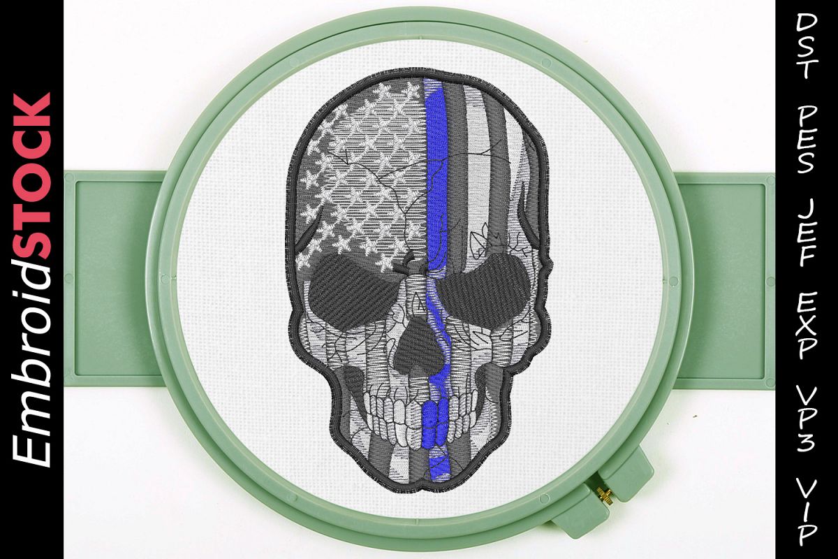 Thin Blue Line Skull US Flag Embroidery Design (434861) | Embroidery ...