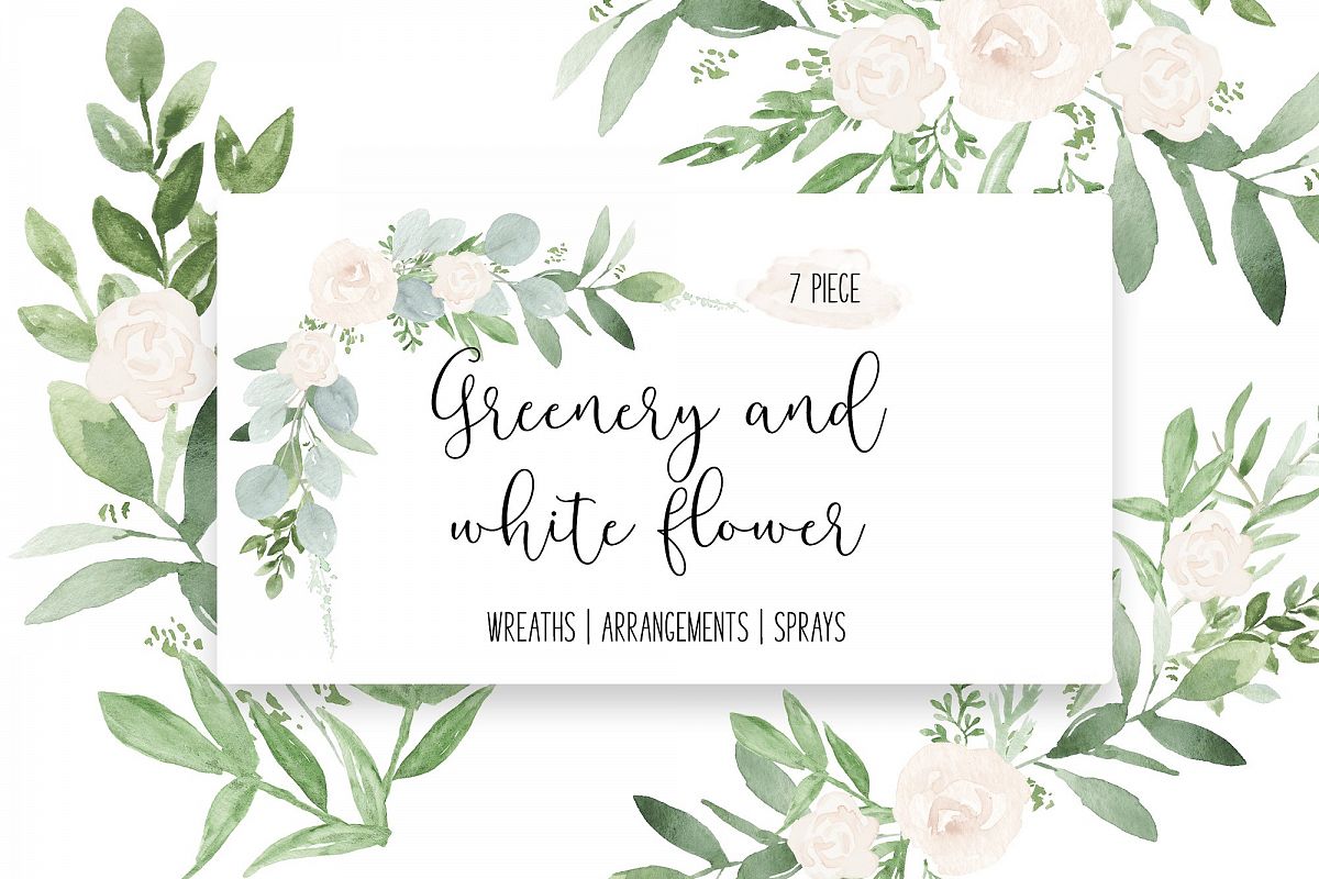 Greenery and white Wedding watercolor clip art (170497) | Illustrations ...